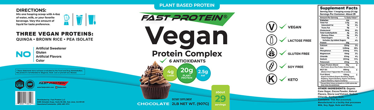 Fast Protein Plant Protein, Vegan Chocolate, 2LB 100% Vegan Protein Po